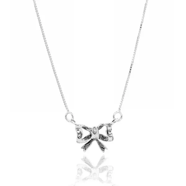 UNALOE Sterling Textured Bow Necklace – Sculpted Ribbon Pendant Fine Jewellery - Silver