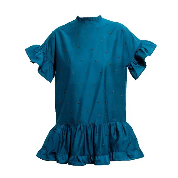 KAROLINA OZOLINSIUTE Teal Embroidered Top With Ruffle Sleeves And Peplum
