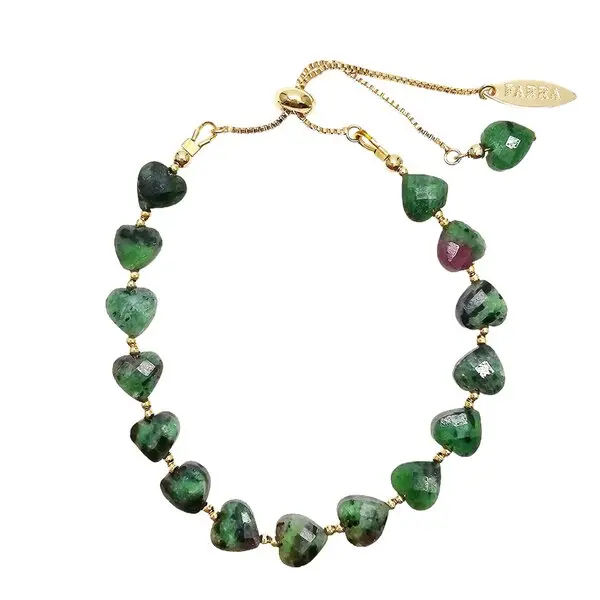 FARRA Heart Shaped Zoisite Gemstone Adjustable Bracelet - Green