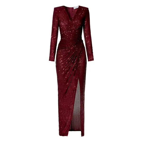 AGGI BY HALEWSKI Scarlet Burgundy Sparkle Sequined Maxi Dress With Long Sleeve - Red