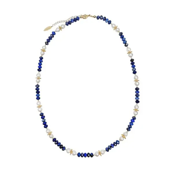 FARRA Blue / White Lapis With Freshwater Pearls Matinee Length Necklace - Blue/white