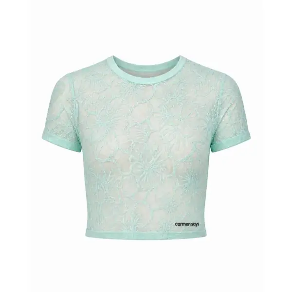 Carmen Says Mist Aqua Lace Cropped T-shirt - Blue