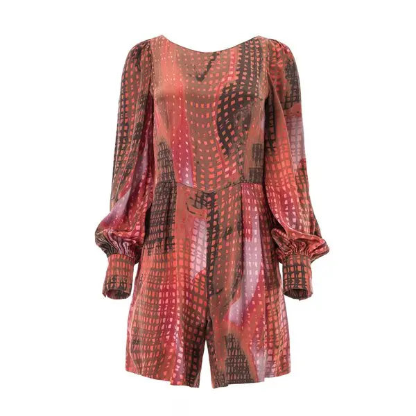 LITA COUTURE Fluid Silk Blend Graphic Print Jumpsuit - Brown