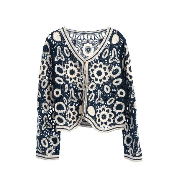 Saachi Floral Lace Crochet Short Navy Jacket - Blue
