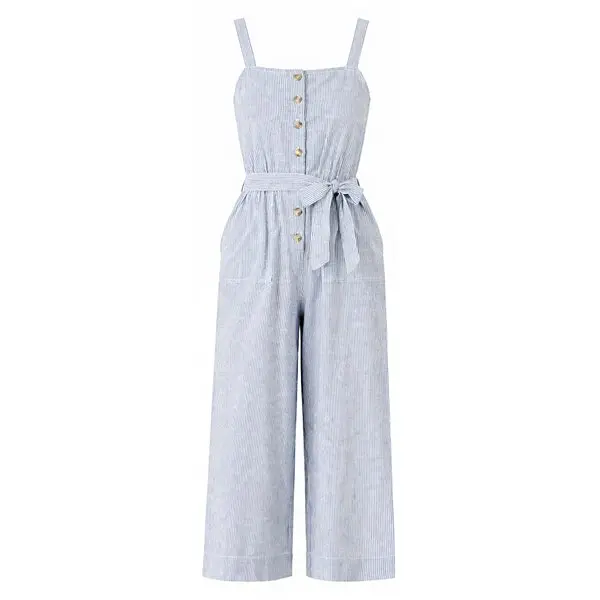 YUMI Cotton Stripe Button Through Jumpsuit - Blue