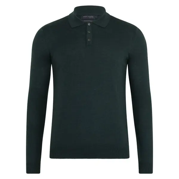 PAUL JAMES KNITWEAR Extra Fine Merino Wool Turner Long Sleeve Polo Shirt Olive - Green