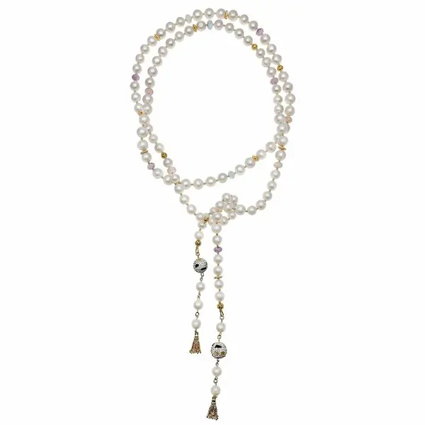 FARRA Multi-way Freshwater Pearls With Rhinestones Bordered Tourmaline Open Ended Long Necklace - Yellow