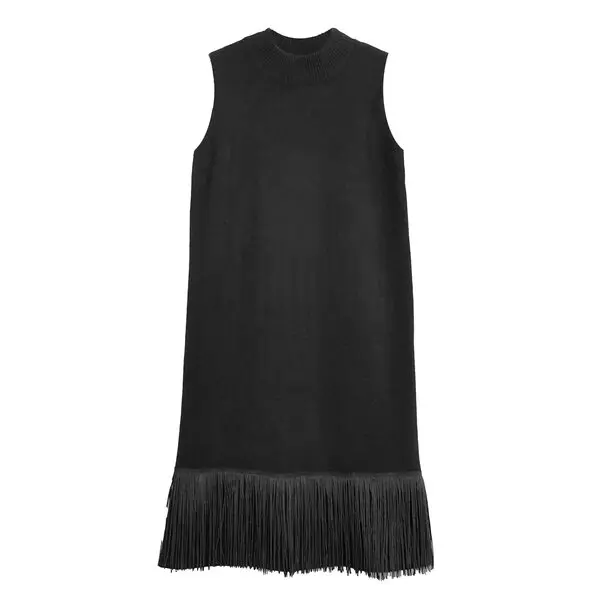 ZENZEE Cashmere Mockneck Shift Dress With Fringe Hem - Black