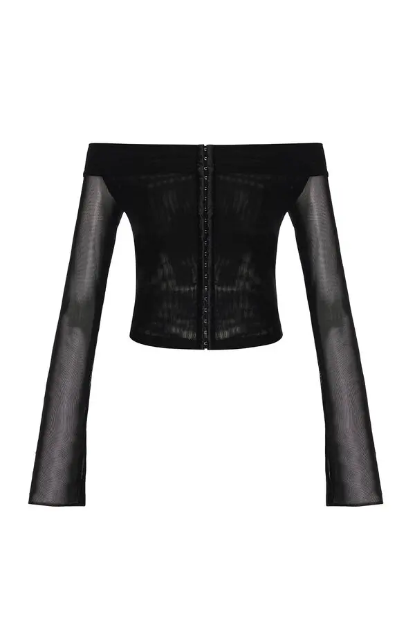 KHELA THE LABEL Hooked Up Off Shoulder Mesh Top With Hook And Eye Closure - Black