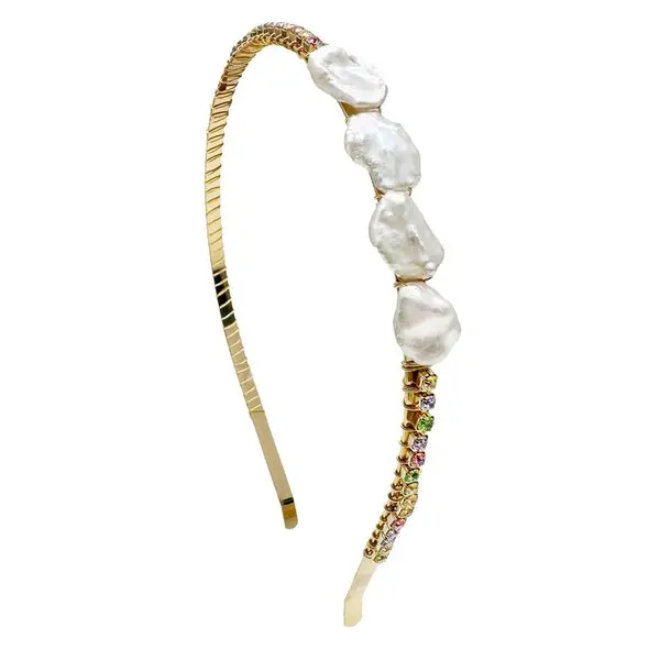FARRA Freshwater Pearls And Colorful Zricon Handcrafted Hair Band - White