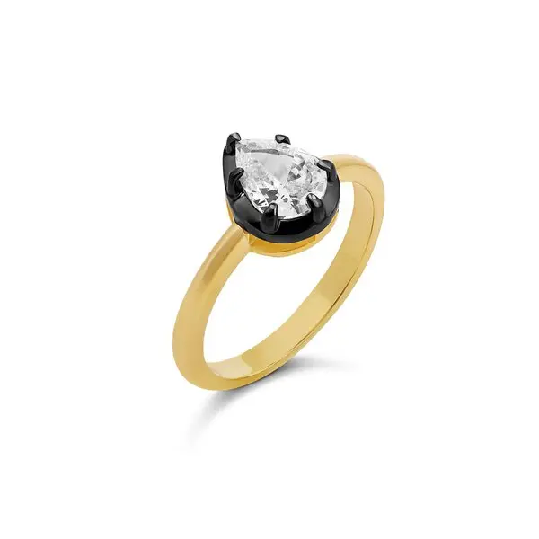 SHYMI Black / Gold Black Rhodium Solitaire Ring Pear - Black/gold