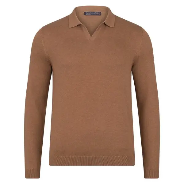 PAUL JAMES KNITWEAR Lightweight Cotton Lyndon Buttonless Polo Shirt Camel - Brown