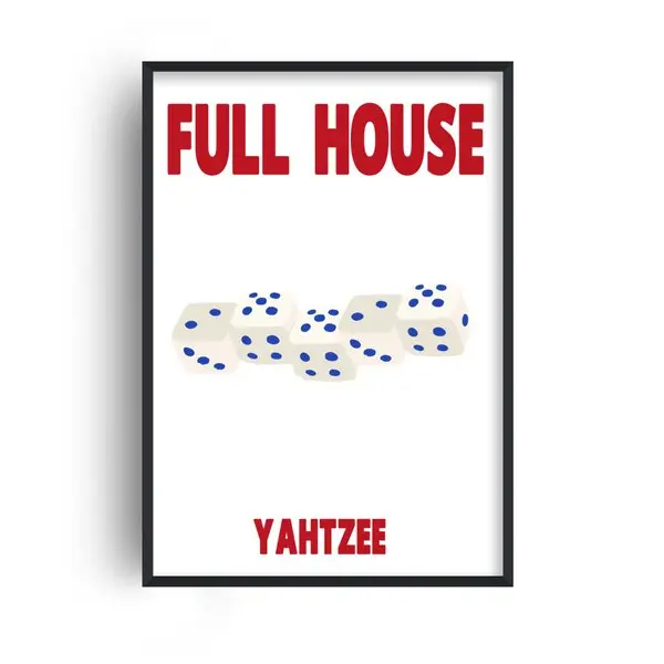FANCLUB Blue / Red Full House Yahtzee Dice Retro Game Giclée Art Print A2 - Blue/red