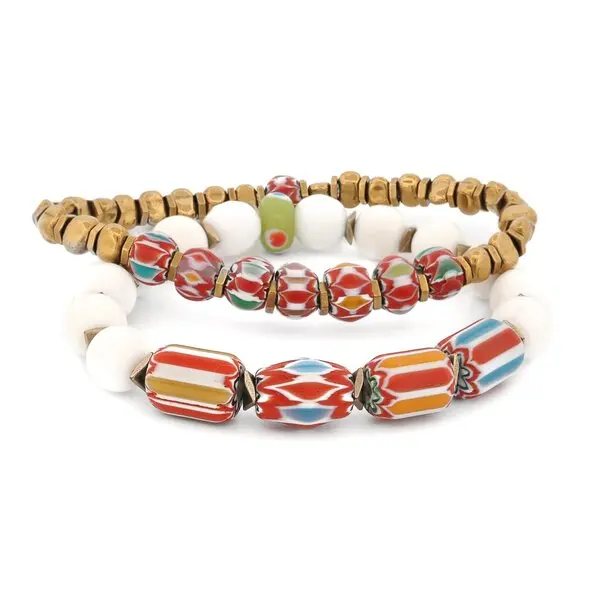 EBRU JEWELRY White / Gold Summer Vacation White Jade African Bead Bracelet Set White - White/gold