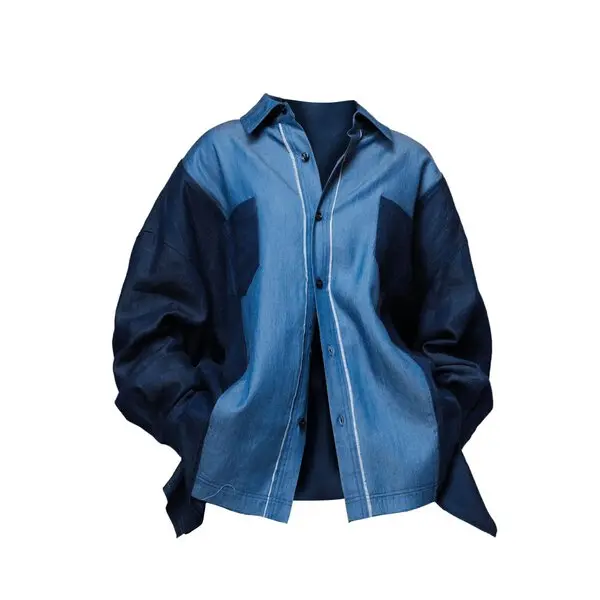 STORY WEAR Family Bros Oversized Two-tone Patchwork Frayed Shirt - Blue