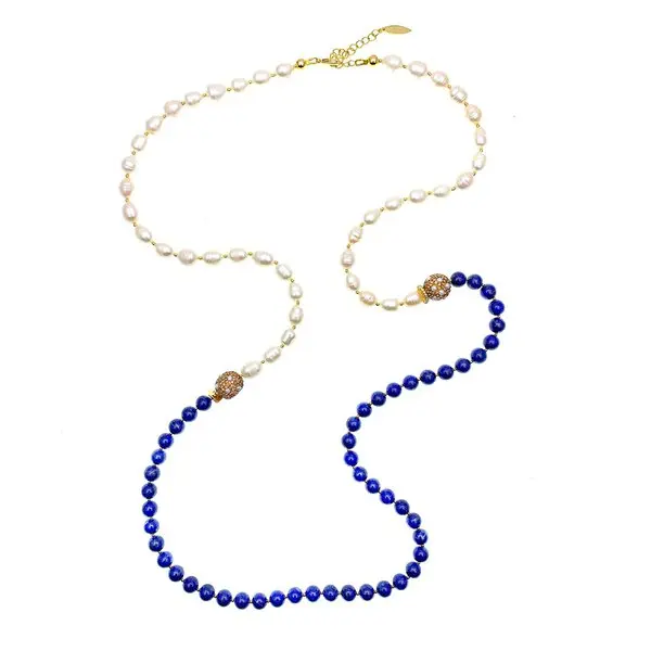 FARRA Lapis With Freshwater Pearls Two-ways Necklace