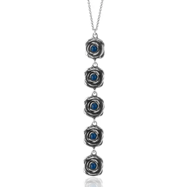 UNALOE Silver / Blue Five Blue Sapphire Rose Pendant Necklace In Burnished Sterling Silver – Handmade Italian Design - Silver/blue