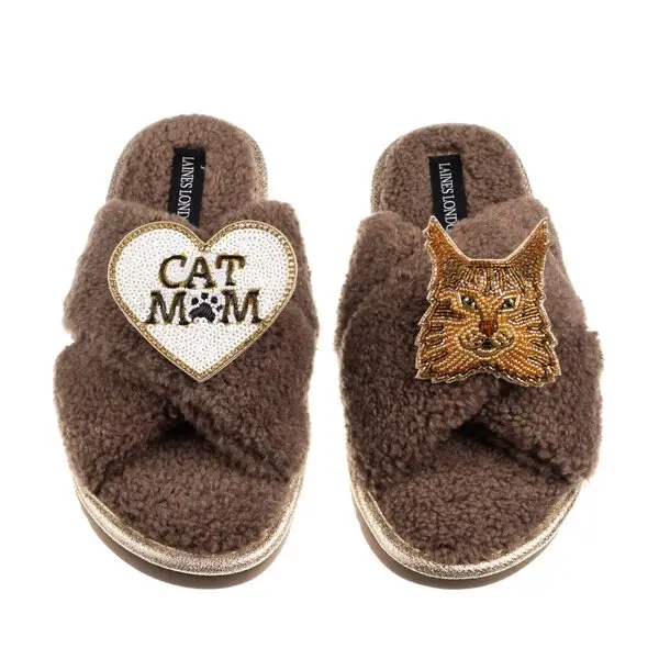 LAINES LONDON Neutrals Boucle Slippers With Cat Mum/mom & Maine Coon Cat Brooches Mink - Brown