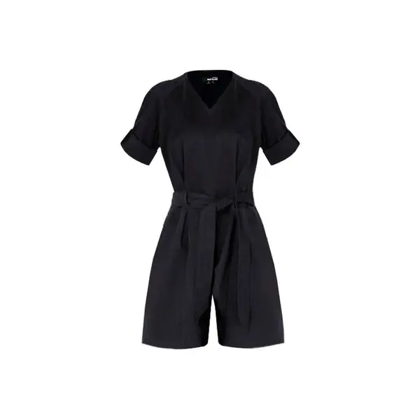 MONOSUIT Navy Short Sleeve Cotton V-neck Tie-waist Short Casual Jumpsuit Angela - Blue