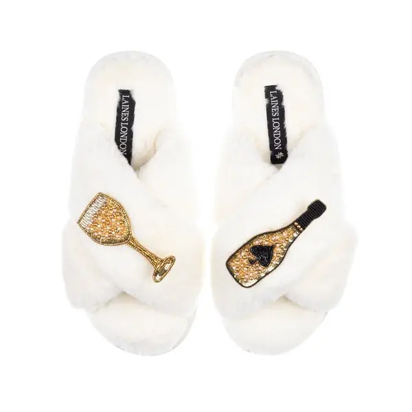 LAINES LONDON Neutrals / Classic Laines Slippers With Ace Of Champagne Brooches Cream - White