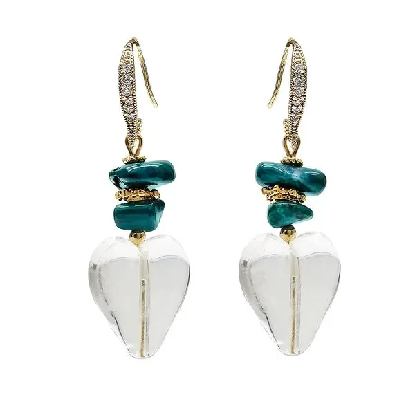 FARRA Heart Shaped White Quartz With Bamboo Coral Earrings - Green