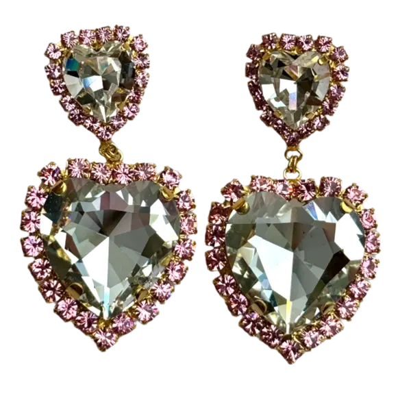 LAURA GRAY Double Heart Crystal Post Earrings - Pink