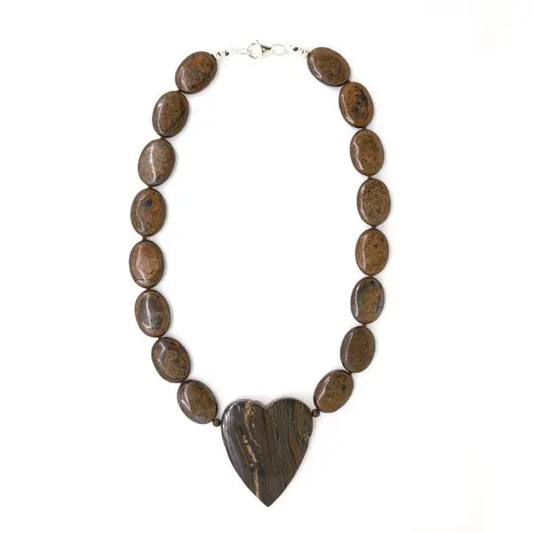 Shar Oke Brown / Silver Bronzite & Heart Shaped Tiger Iron Pendant Necklace - Brown/silver