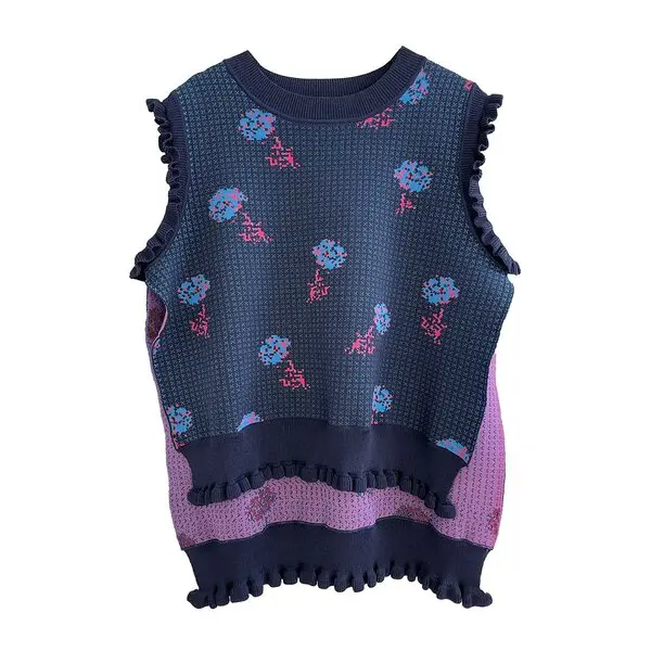 ARTO. Hello! Pixel Floral Viscose Crew Neck Ruffles Vest - Blue