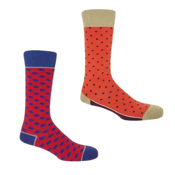 PEPER HAROW - MADE IN ENGLAND Orange Pin Polka & Scarlet Disruption Socks Two Pack - Orange/red