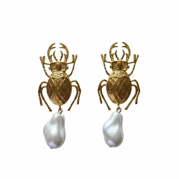 SILVER & ELEGANT The Beetle & Baroque Pearl Earrings - Gold