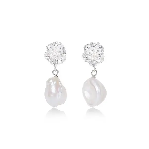 PEARLS OF THE ORIENT ONLINE Silver / White Vita Silver Cherry Blossom & Baroque Cultured Freshwater Pearls Drop Earrings - Silver/white