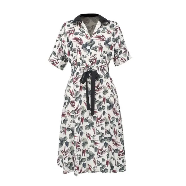 SMART AND JOY Fit-and-flare Leaves Print Dress With Wide Belt - Black