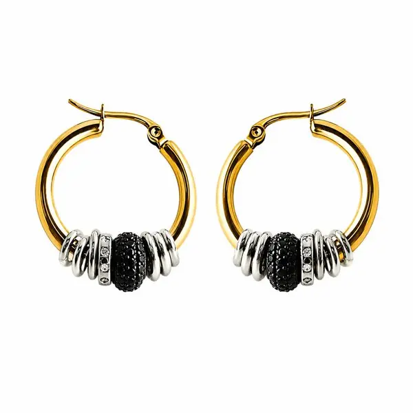 KIREI Gold / Silver Halo Hoop Earrings – Gold-plated Stainless Steel With Black Cubic Zirconia - Gold/silver