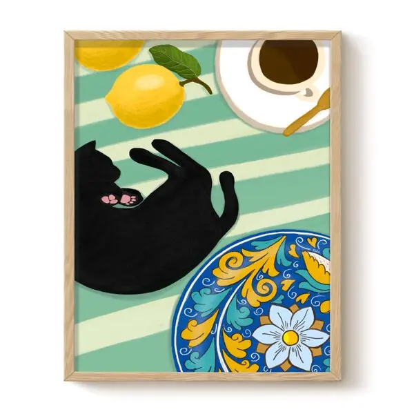 THE PAPER TAIL Cat And Lemons Art Print A4 - Black