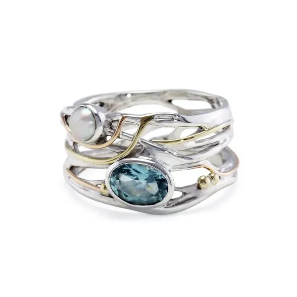 ISLA SILVER White / Silver / Blue Blue Topaz & Freshwater Pearl Statet Ring - White/silver/blue