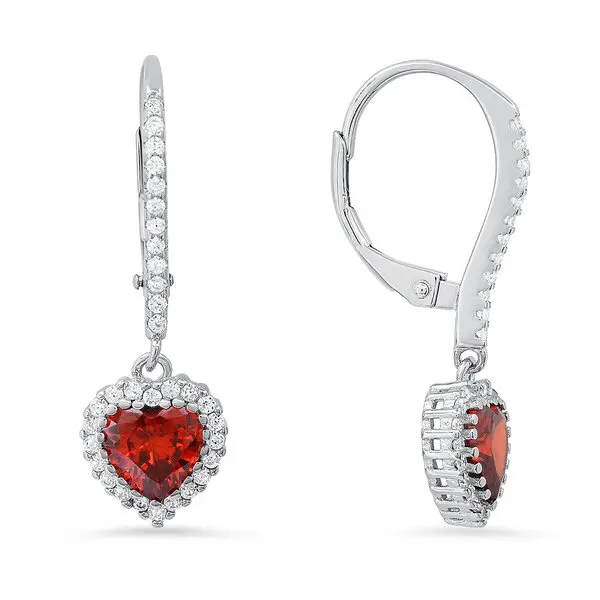 KYLIE HARPER January Garnet Birthstone Heart-cut Halo Leverback Earrings In Sterling Silver - Red