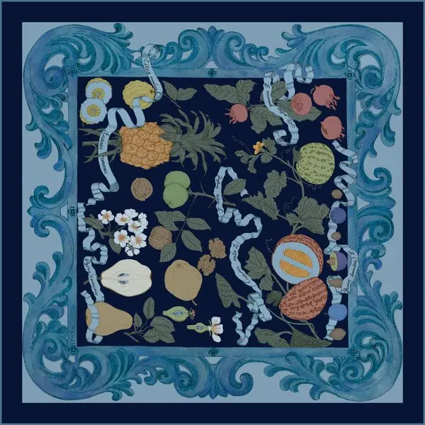 WENZI Fruitful Elegance Hand Painted Pattern Double Sided Silk Twill Scarf - Blue