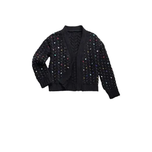 Saachi Cable Knit Cardigan Gemstone Pattern - Black