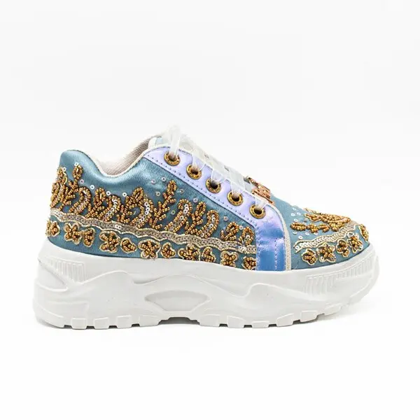 RETTROSE Petra Luxury Dusky Satin Handmade Embellished Trainers - Blue