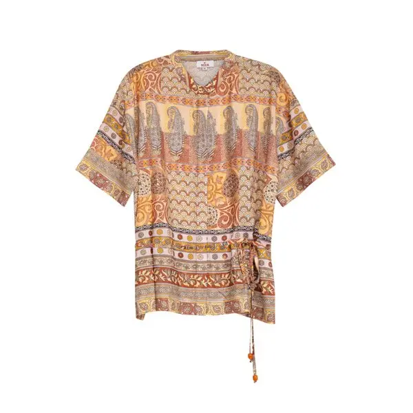 NIZA Midi Shirt Dress With Geometric Print And Fringe - Brown