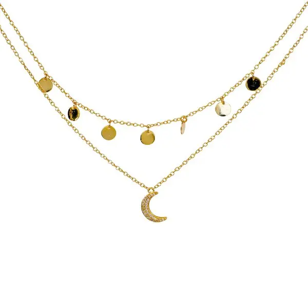 LILA RASA Celestial Double Layer Necklace Crecent Cz Moon - Gold