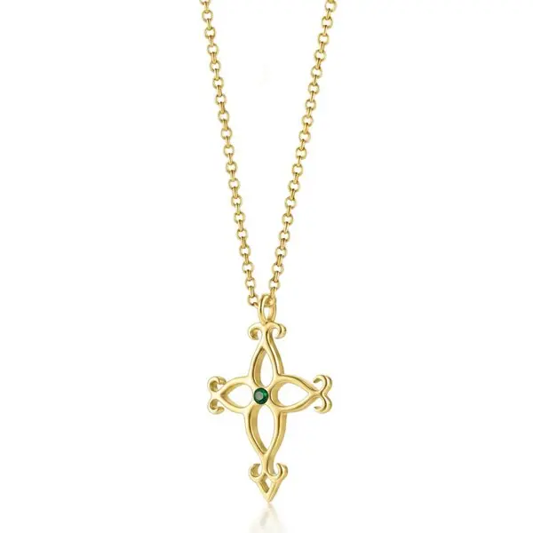 UNALOE Gold / Green Soul Cross Gold Vermeil Necklace With Emerald – Luxury Religious Jewelry - Gold/green