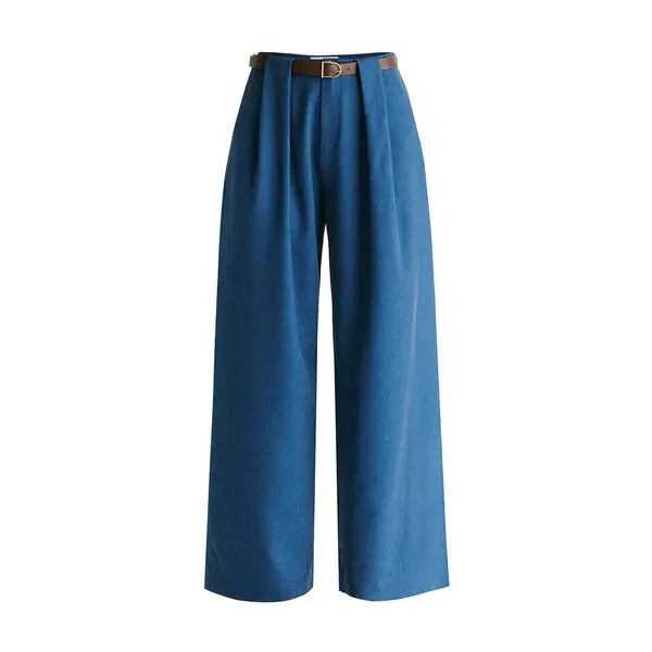 PAISIE Belted Wide Leg Trousers With Box Pleats In Denim - Blue