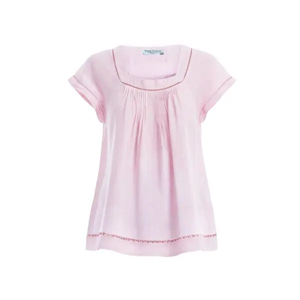 Haris Cotton Linen Short Sleeve Blouse With Pintucks And Lace Trim Powder - Pink