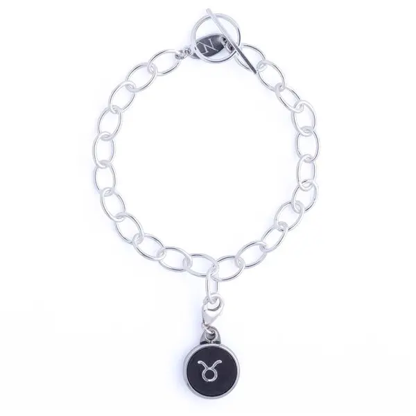 N'DAMUS LONDON Silver / Black Taurus Zodiac Sterling Silver & Leather Curb Bracelet - Silver/black