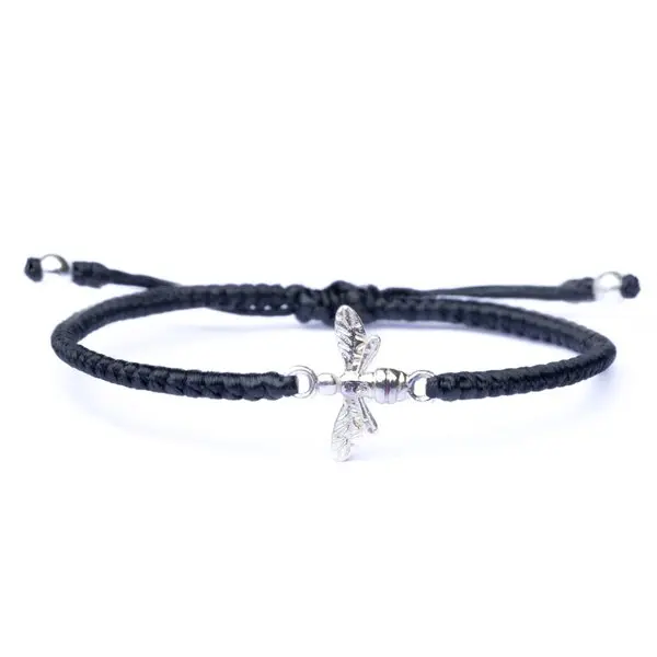 HARBOUR UK Bee Bracelet Handmade Rope & Sterling Silver Queen Bee - Black