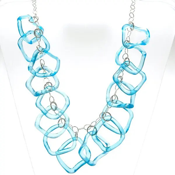 SMART GLASS JEWELRY Recycled Gin Bottle Large Ruffle Statet Necklace Sterling - Blue