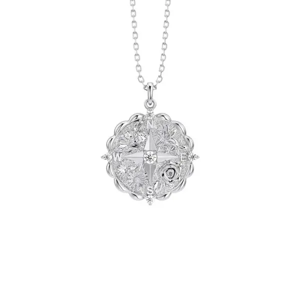 VANIMY Floral Blessing Compass Medallion Necklace - Silver