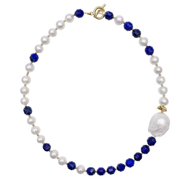 FARRA Freshwater Pearls & Lapis Lazuli Unique Short Necklace - Blue