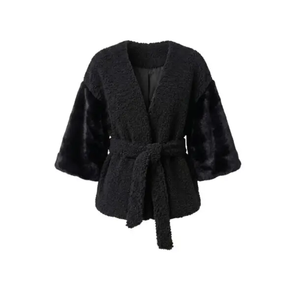Saachi Fur Tie Front Short Kimono - Black